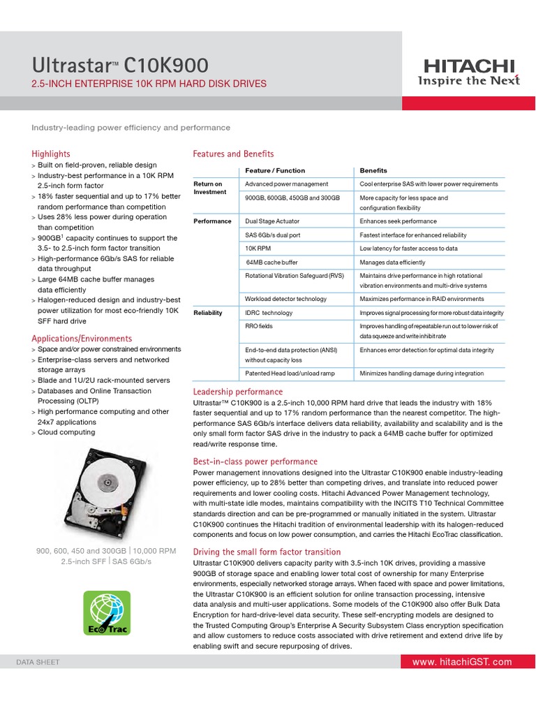 Hitachi Ultrastar C10K900 Datasheet | PDF | Hard Disk Drive | Cache ...