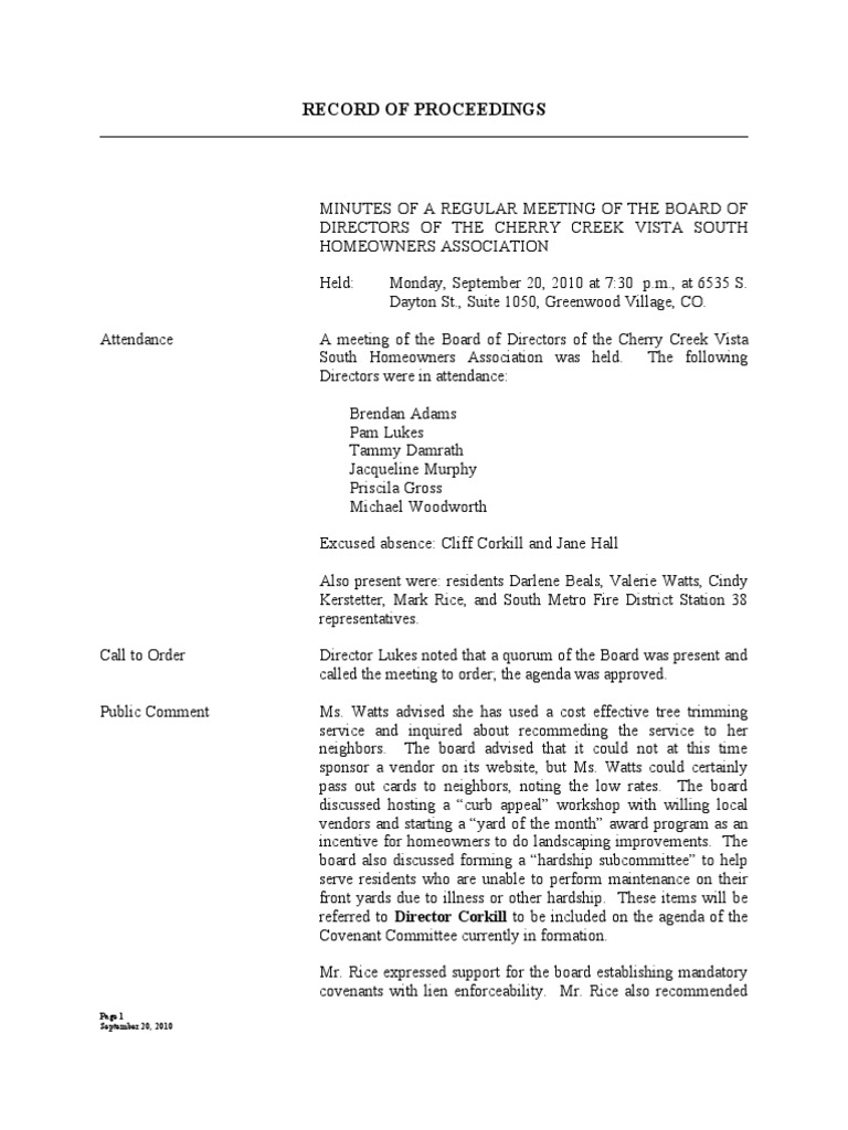 Record of Proceedings: September 20, 2010 | PDF | Board Of Directors ...