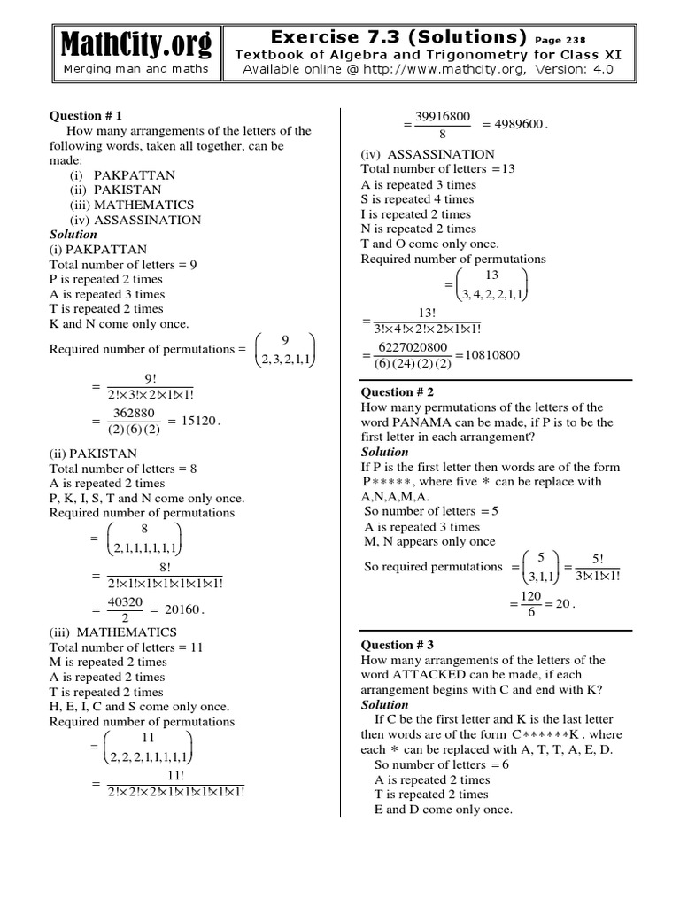 Ex 7 3 FSC Part1 Ver4 PDF | PDF | Permutation | Textbook