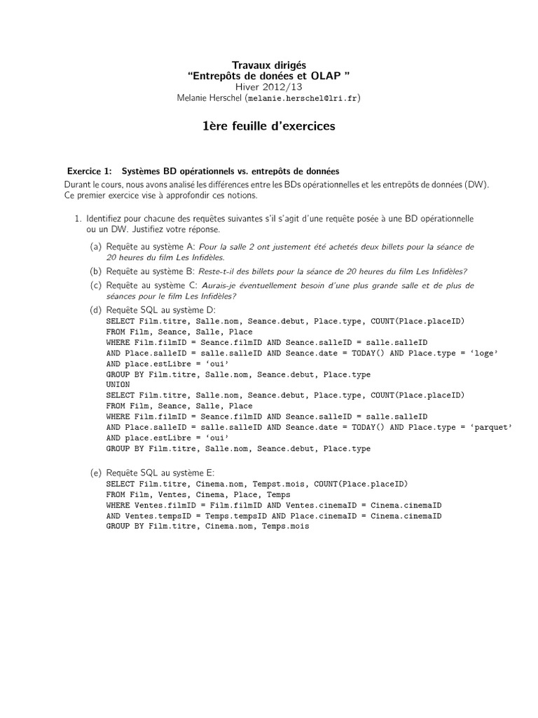 1' Ere Feuille D'exercices: Travaux Dirig Es "Entrep Ots de Don Ees Et ...