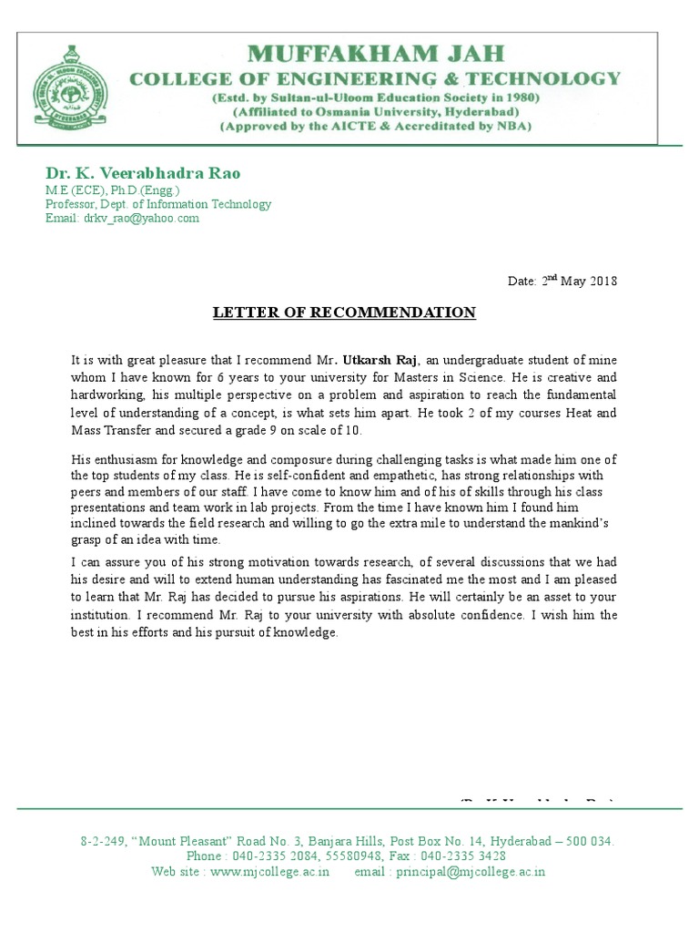 Dr. K. Veerabhadra Rao: Letter of Recommendation | PDF | Applied Psychology | Cognitive Science