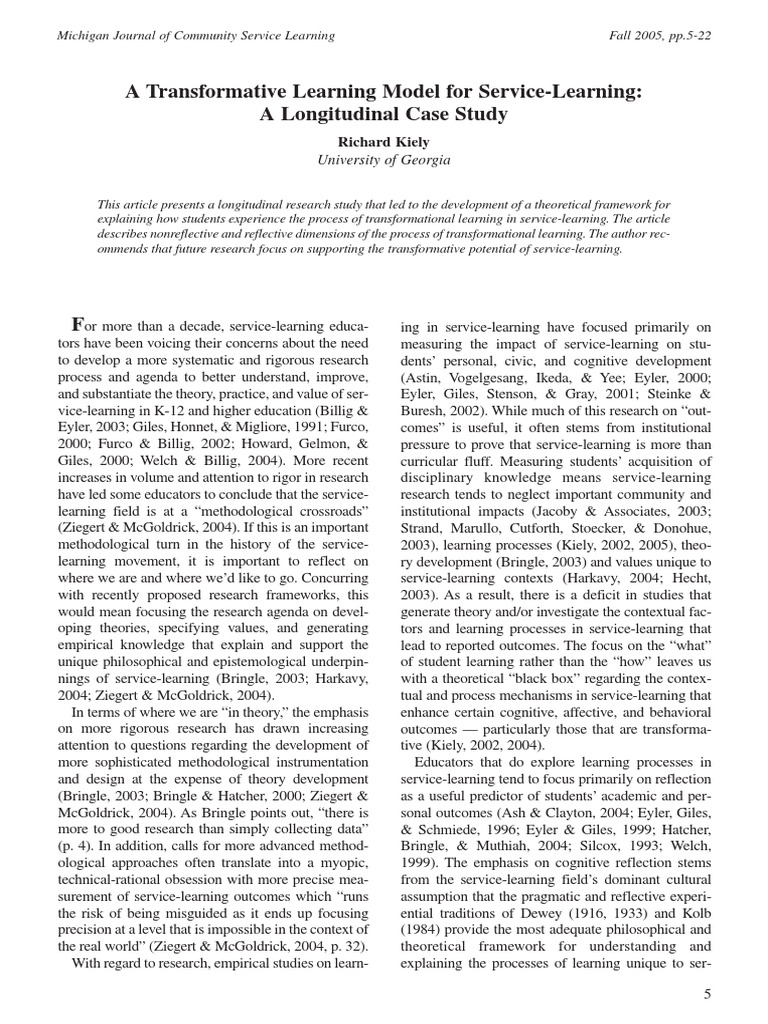 Kiely (2005) Transformative Learning Model For Service Learning | PDF ...