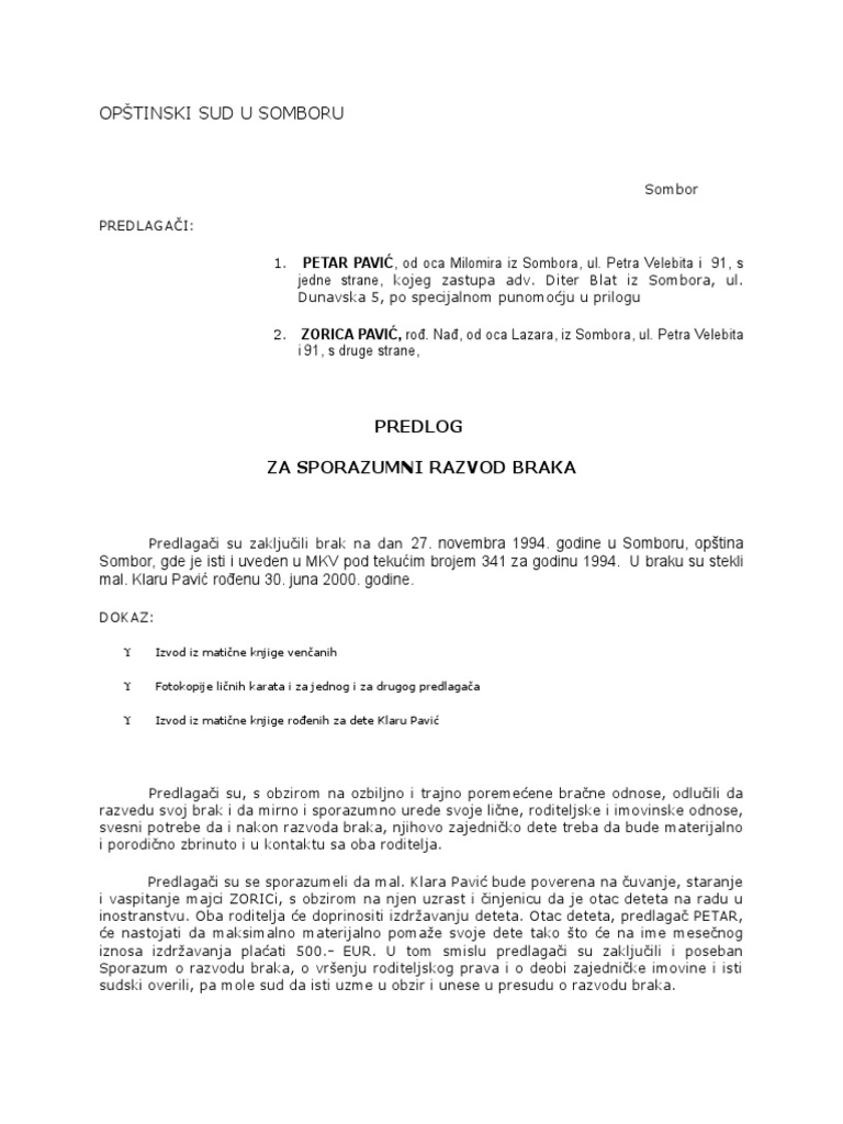 Predlog Za Sporazumni Razvod Braka | PDF