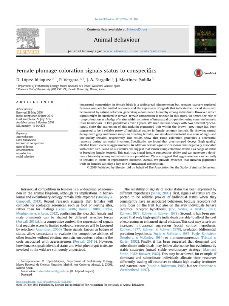 Female Plumage Coloration Signals Status To Conspecifics | PDF | Sexual ...