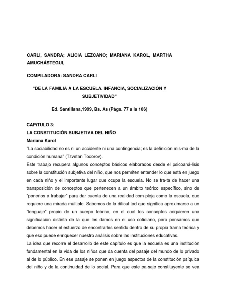 La Constitución Subjetiva Del Niño. Mariana Karol | PDF | Subjetividad | Sociedad