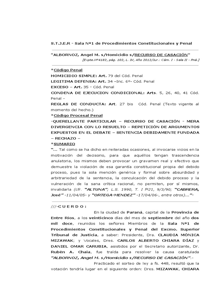 Fallo Homicidio Simple Por Exceso Legitima Defensa