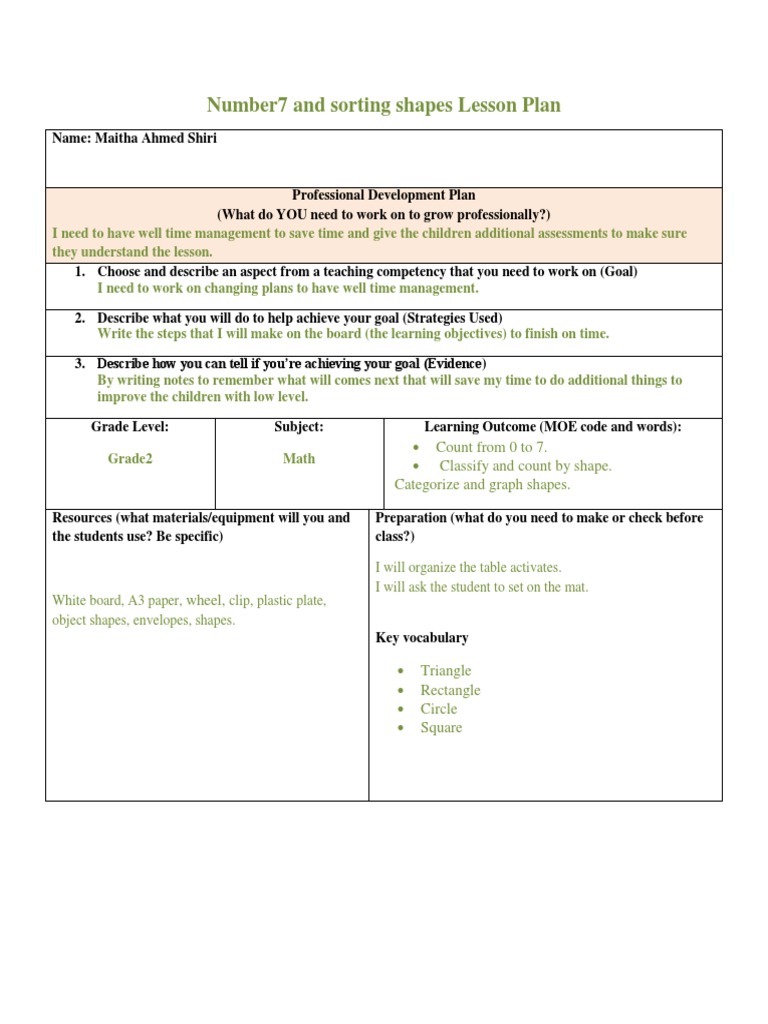 Number7 and Sorting Shapes Lesson Plan: Count From 0 To 7. Classify and ...
