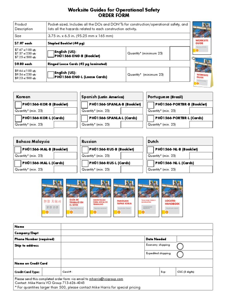 Worksite Guides For Operational Safety Order Form: Korean Spanish ...