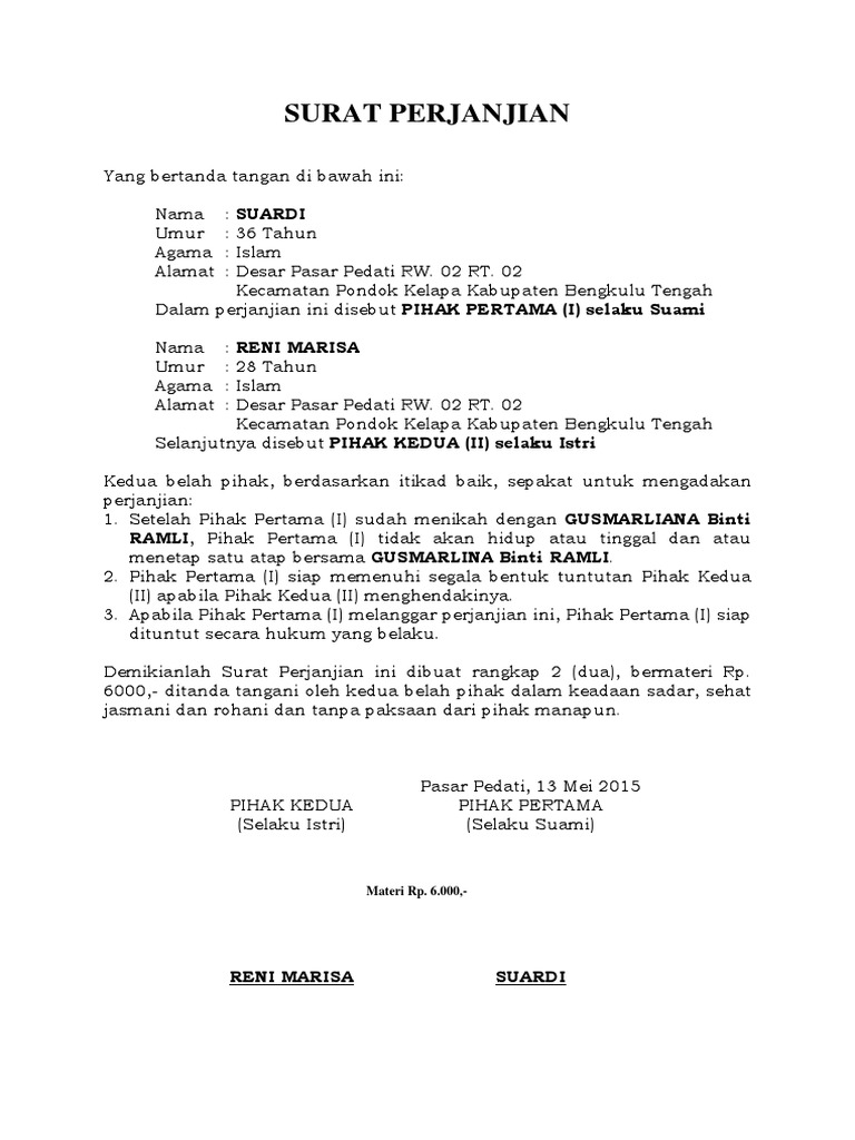 Contoh Surat Perjanjian Izin Nikah Lagi Dari Istri Pdf
