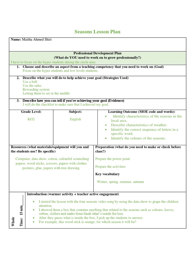Seasons Lesson Plan: Identify Characteristics of The Seasons in The ...