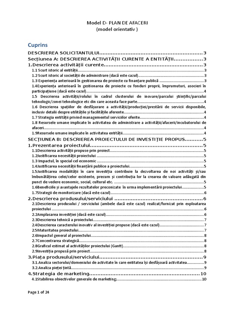 Cuprins: Model D-Plan de Afaceri (Model Orientativ) | PDF