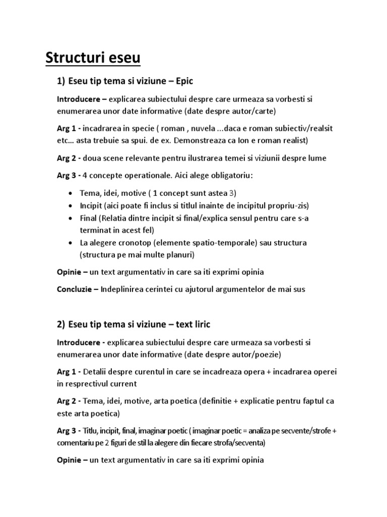 Structura eseu bac romana 2018