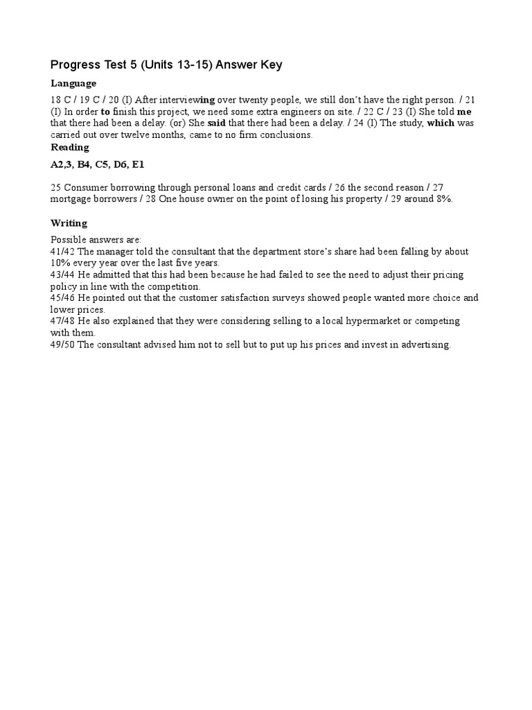 Progress Test 5 (Units 13-15) Answer Key: Language | PDF