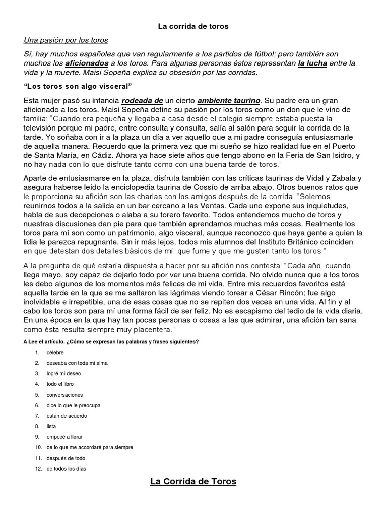 La Corrida de Toros 1 | PDF | Toreo | Matanza de animales