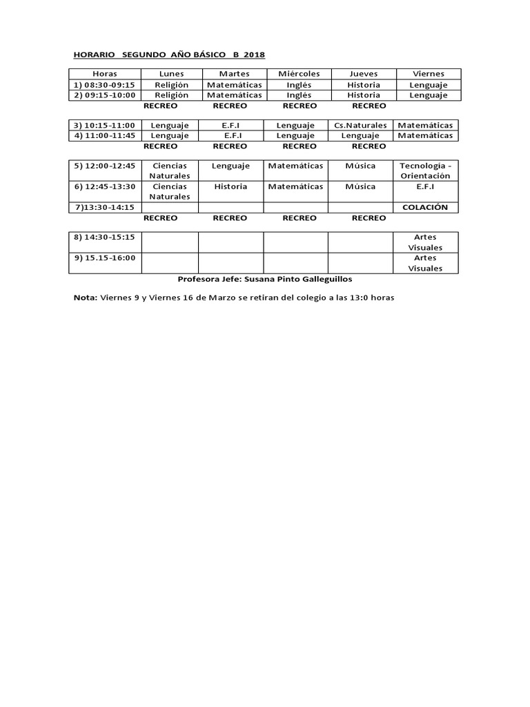 Horario Segundo Año Básico B 2018 | PDF