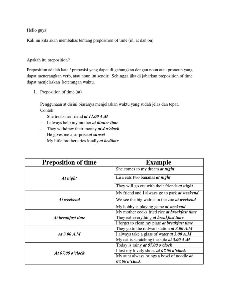 Preposition of Time Example: at Night | PDF | Syntax | Linguistic Morphology