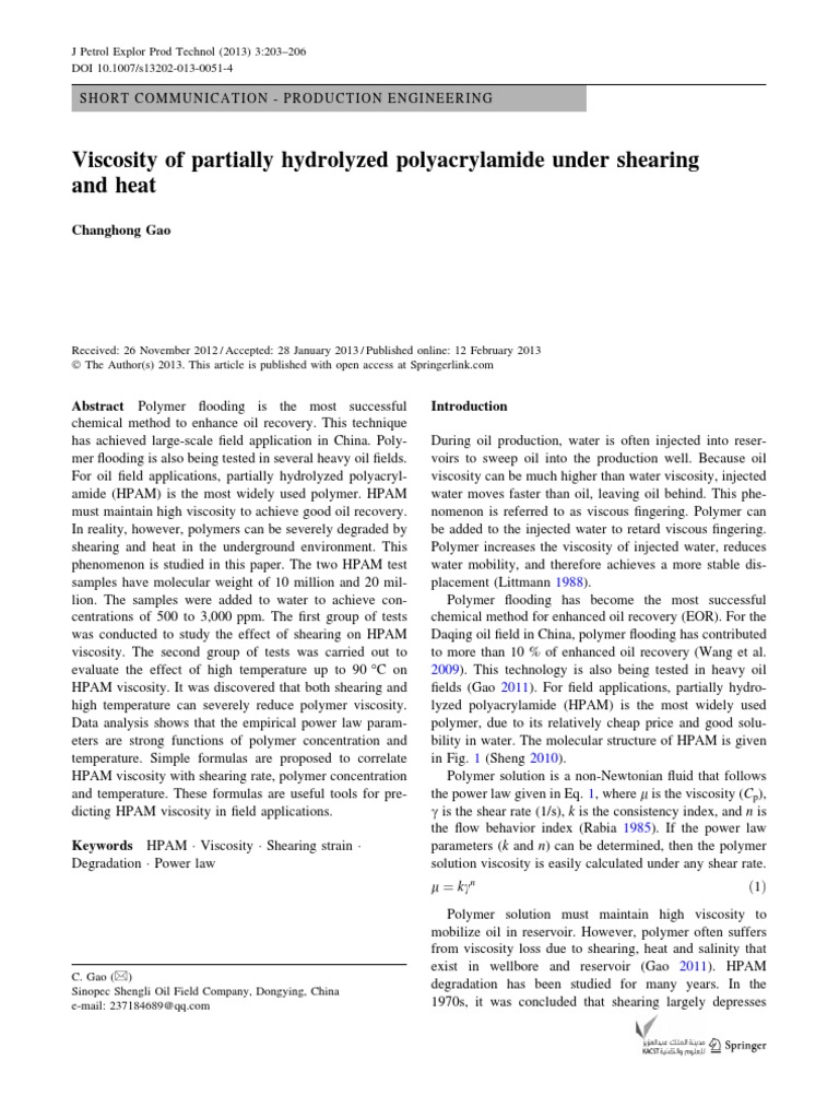 Viscosity of Partially Hydrolyzed Polyacrylamide Under Shearing and ...