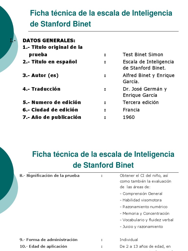 Ficha Técnica Escala Stanford Binet | PDF | Cociente de inteligencia ...
