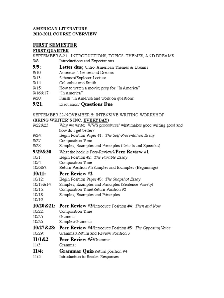 First Semester: American Literature 2010-2011 COURSE OVERVIEW | PDF ...
