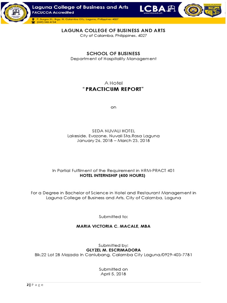 Ojt Narative Report in Seda Hotel | PDF | Housekeeping | Swimming Pool