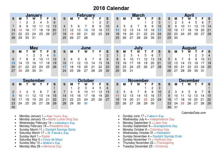 2018 Yearly Holidays Calendar | PDF | Public Holiday | Holidays