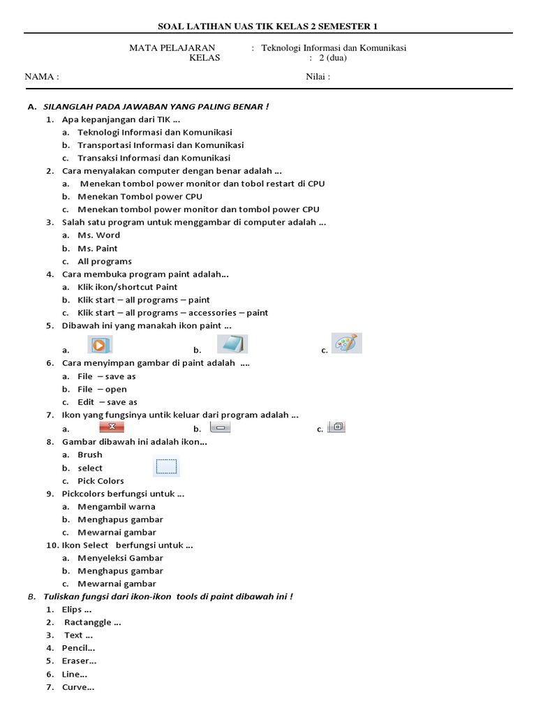 Soal Latihan Uas Tik Kelas 2 Semester 1 | PDF