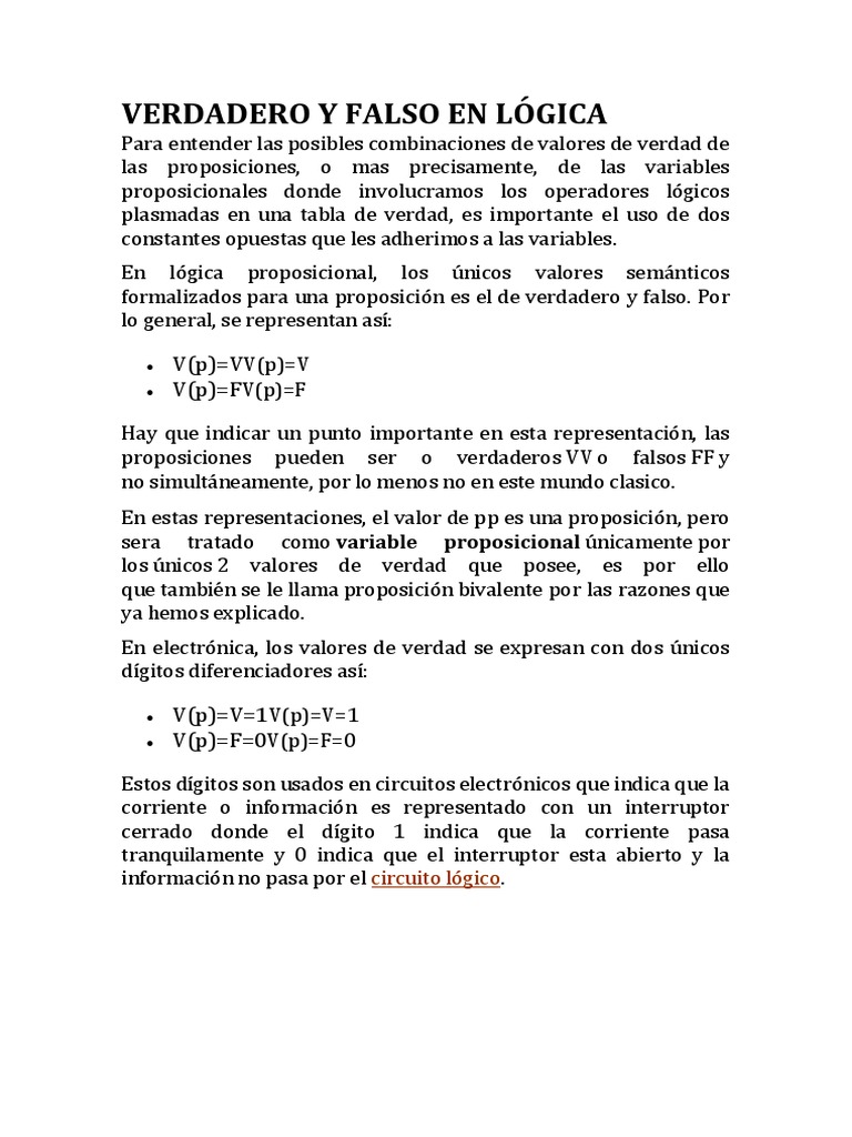Verdadero y Falso en Lógica | PDF | Proposición | Verdad