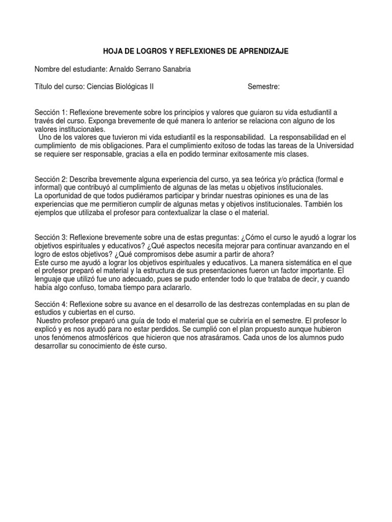 Hoja de Logros y Reflexiones de Aprendizaje-321-17 | PDF