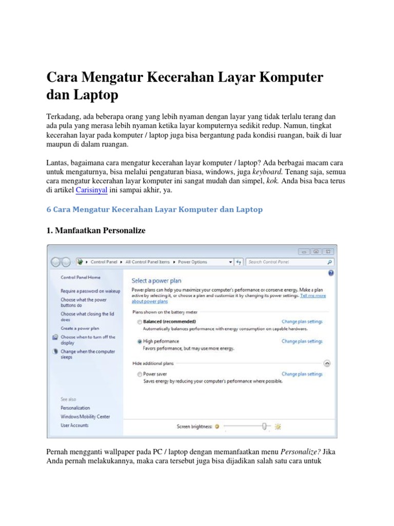 Cara Mengatur Kecerahan Layar Komputer Dan Laptop | PDF