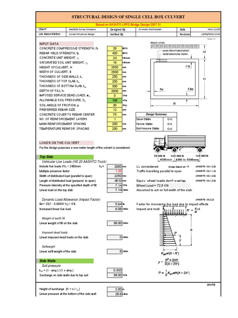 Box Culvert Design LRFD 2x2m, 2m Filling by Excel Sheet | Download Free ...