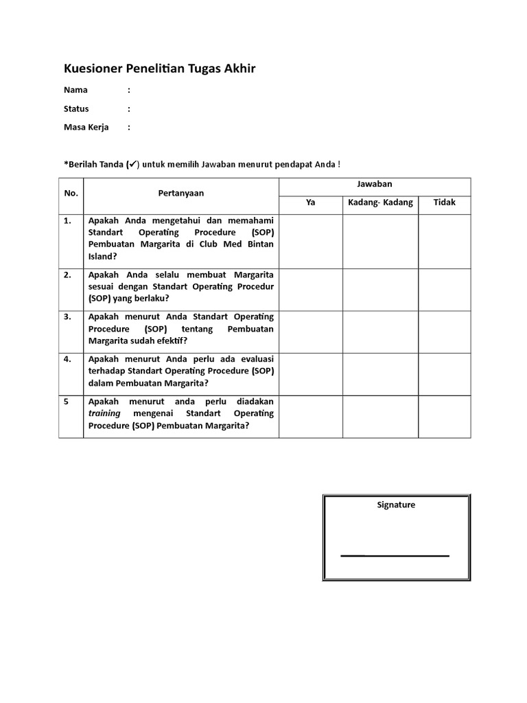 Questioner Penelitian Tugas Akhir | PDF