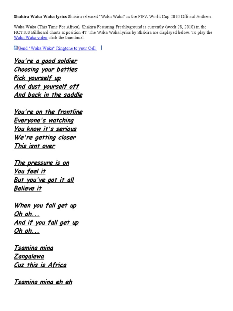 Shakira Waka Waka Lyrics Shakira Released. | PDF | Zoo | Software ...