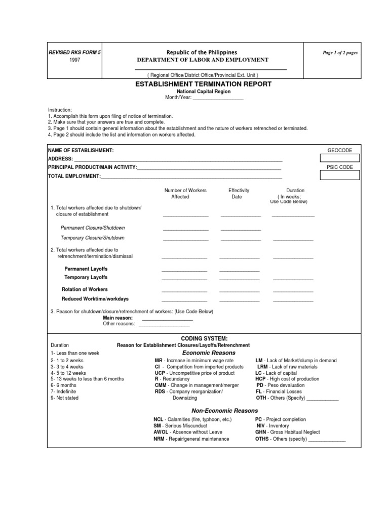 RKS FORM 5 Termination Report Form | PDF | Layoff | Political Economy