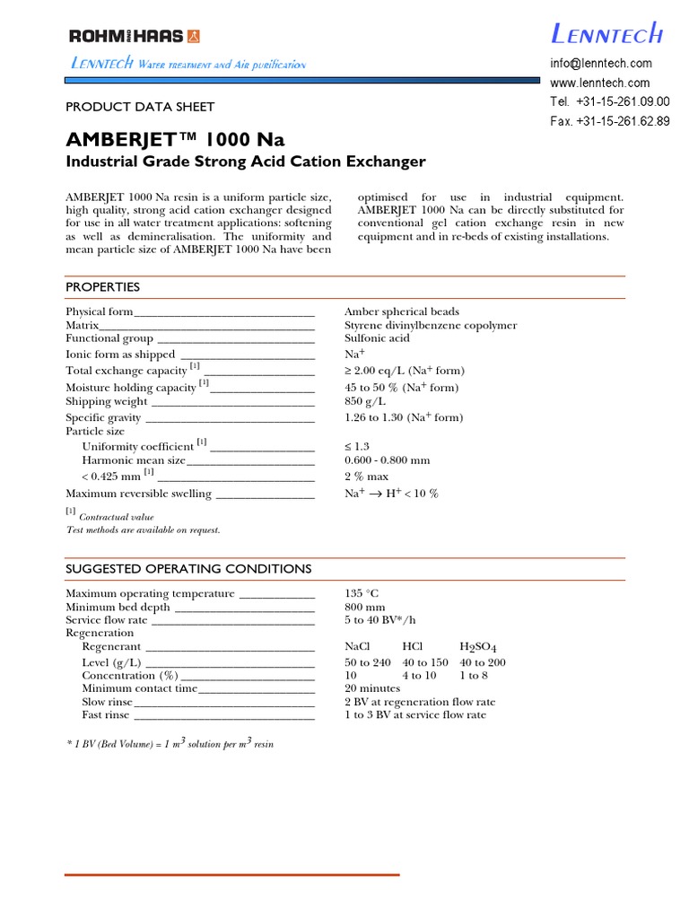 Amberjet 1000 Na L | PDF | Ion Exchange | Flow Measurement