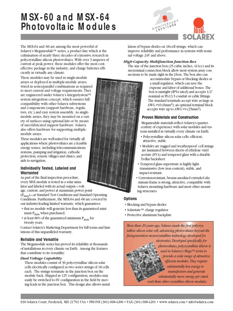 Solarex MSX-60 (solar module).pdf | Photovoltaics | Solar Panel
