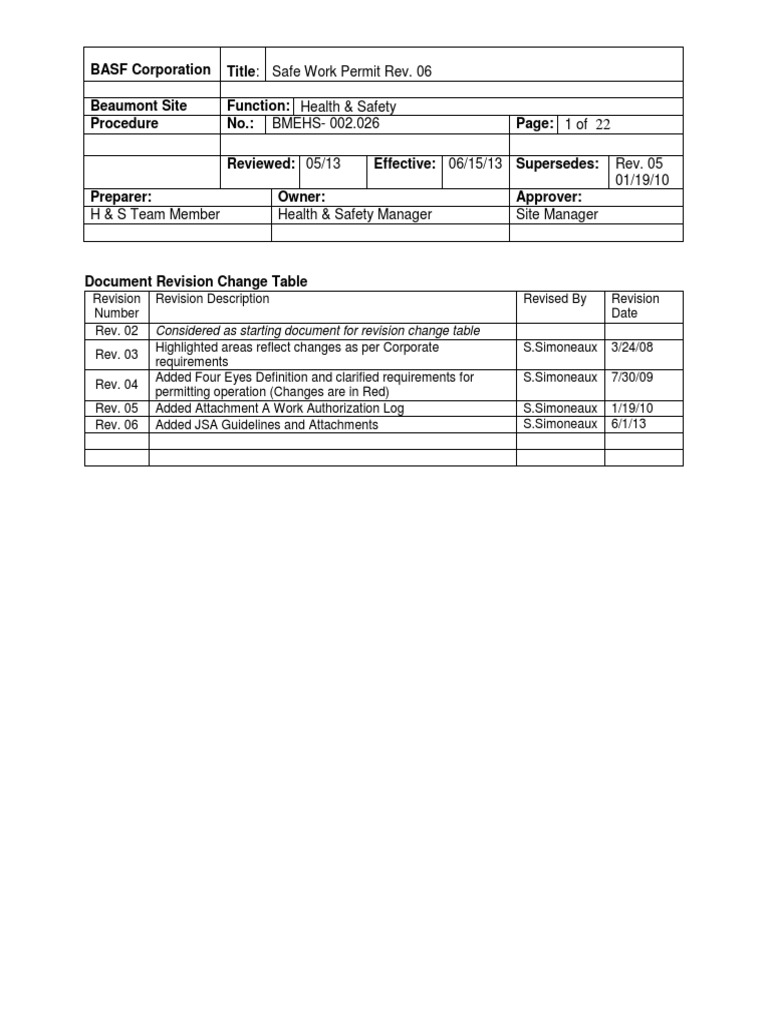Safe Work Permit Rev. 06: BASF Corporation Title: Beaumont Site ...