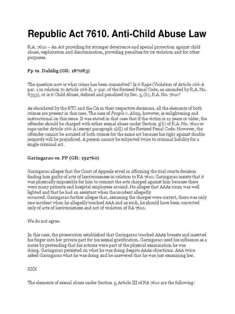 Republic Act 7610 Cases | Download Free PDF | Child Abuse | Crime ...