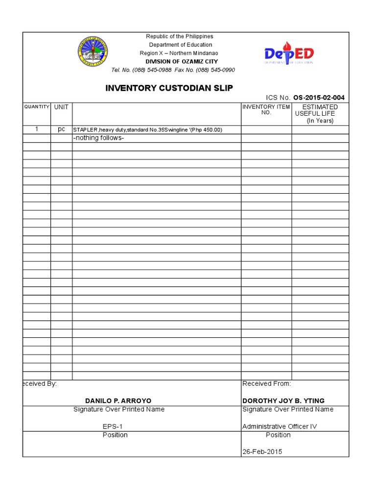Inventory Custodian Slip For Supplies | PDF | Business