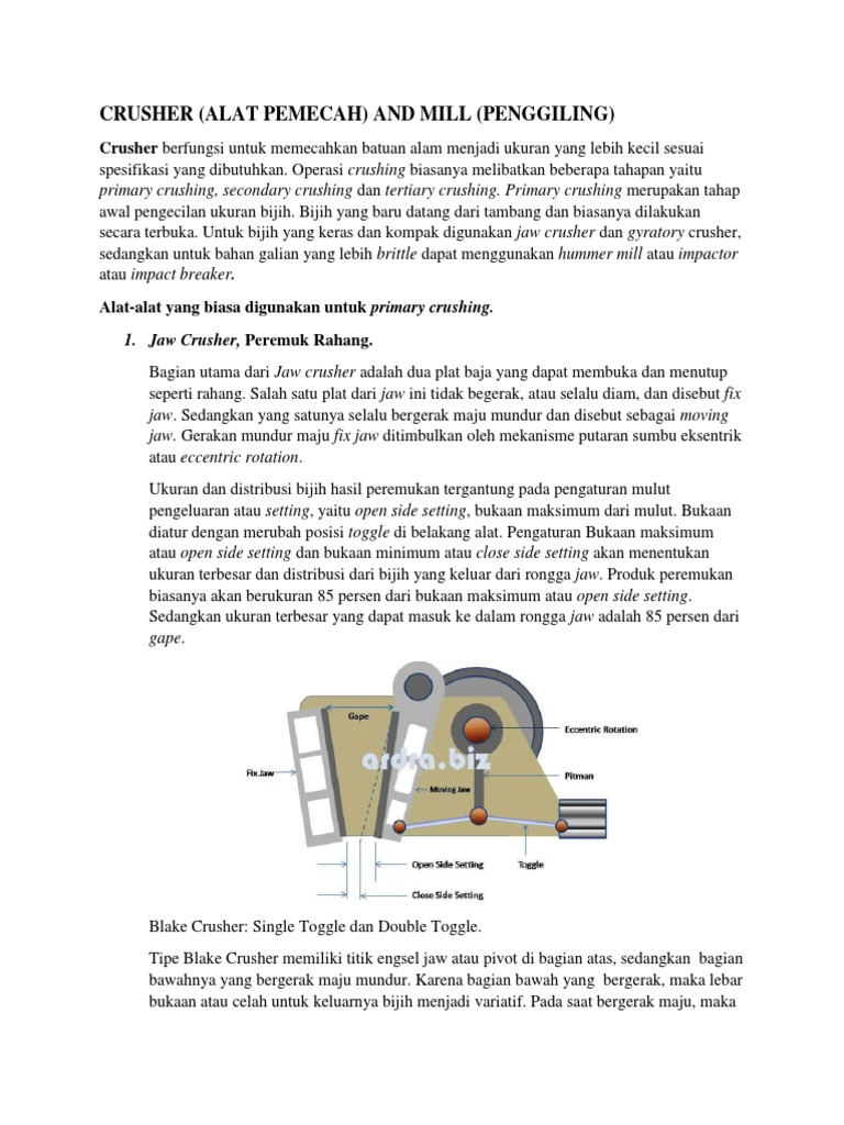 Crusher (Alat Pemecah) and Mill (Penggiling) | PDF
