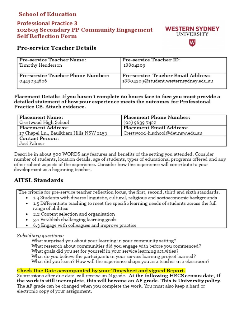 Professional Practice 3: Pre-Service Teacher Details | PDF | Service ...