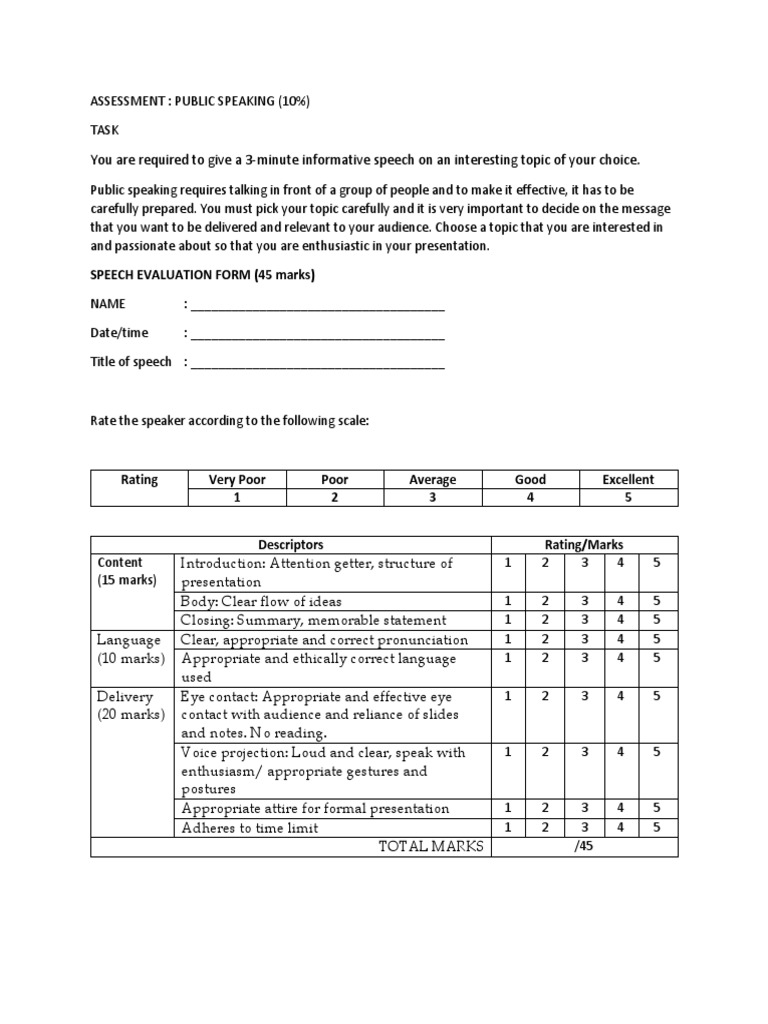 Public Speaking Assessment Guide | PDF | Career & Growth | Language ...