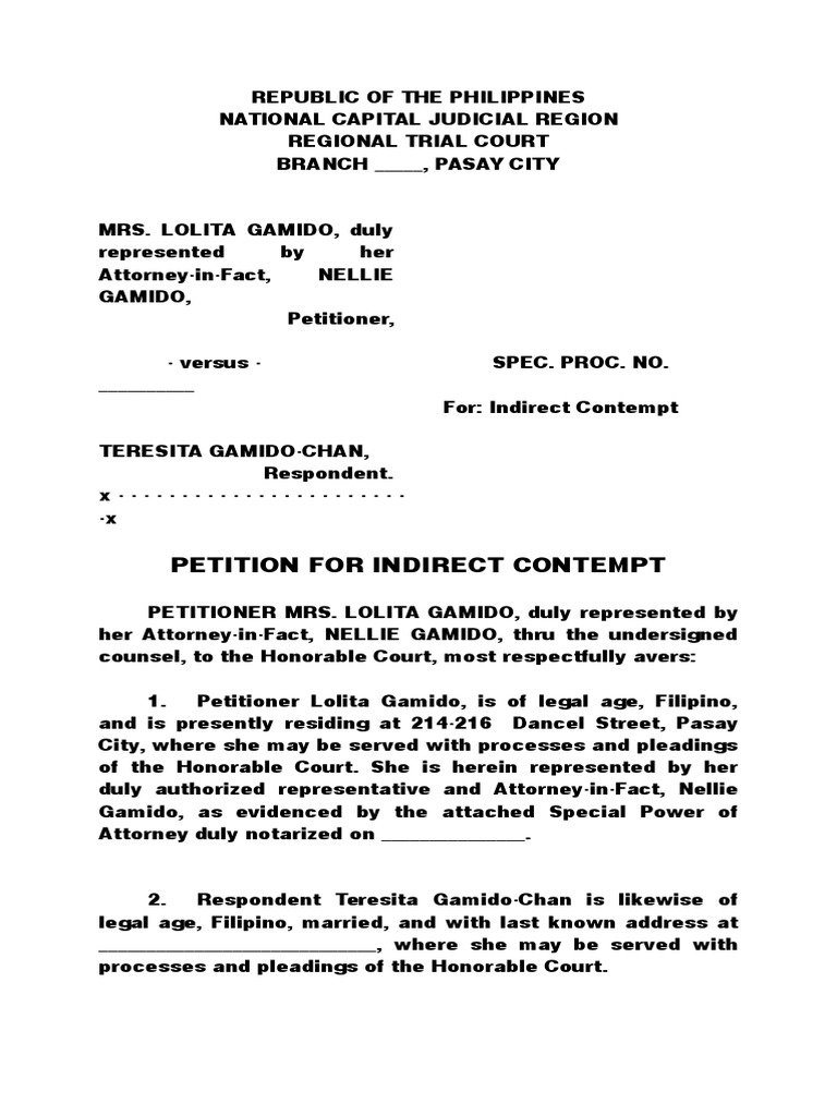 Petition For Indirect Contempt | PDF | Contempt Of Court | Pleading
