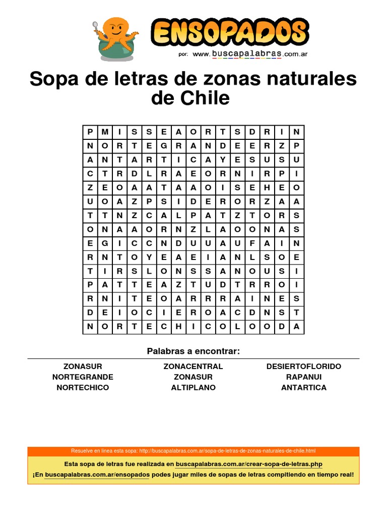 Sopa de Letras de Zonas Naturales de Chile | PDF