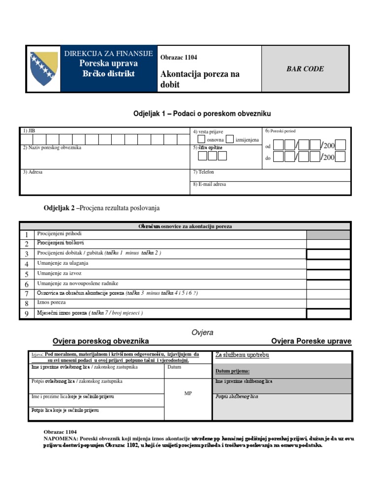 DFPU Obrazac 1104 Akontacija - Poreza - Na - Dobit Lat 3 | PDF