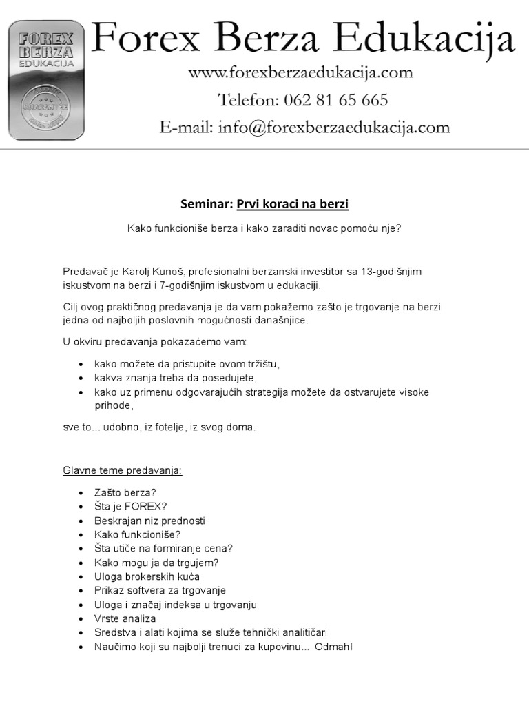 Seminar Prvi Koraci Na Berzi | PDF