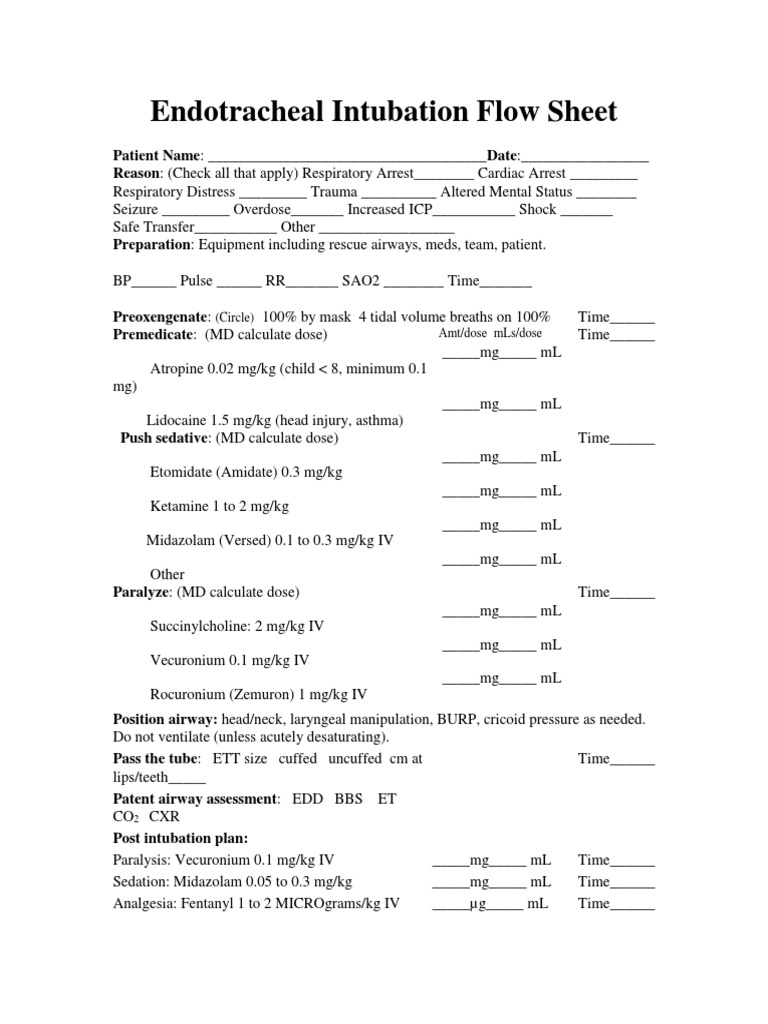 Endotracheal Intubation Flow Sheet | PDF | Medical Emergencies | Medicine