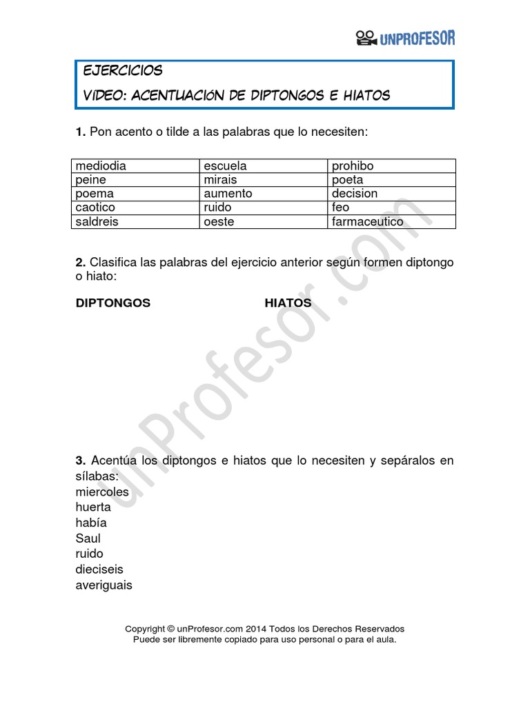 Ejercicio Acentuacion de Los Diptongos e Hiatos 70 PDF | PDF