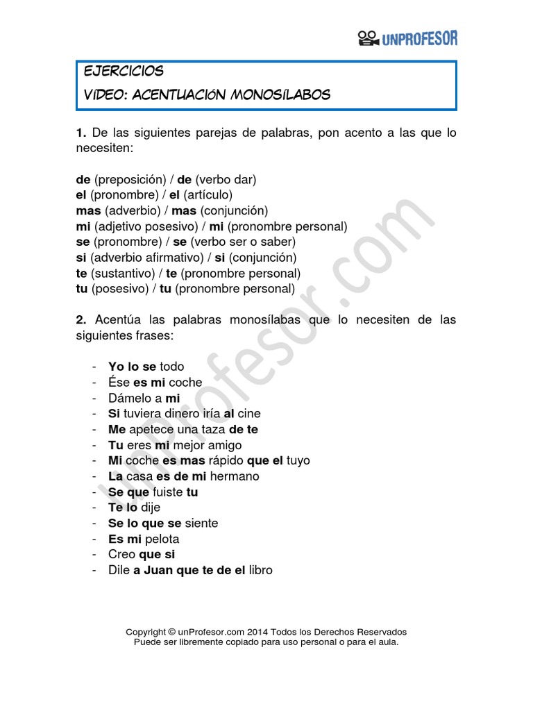 Ejercicio Acentuacion de Los Monosilabos 72 PDF | PDF