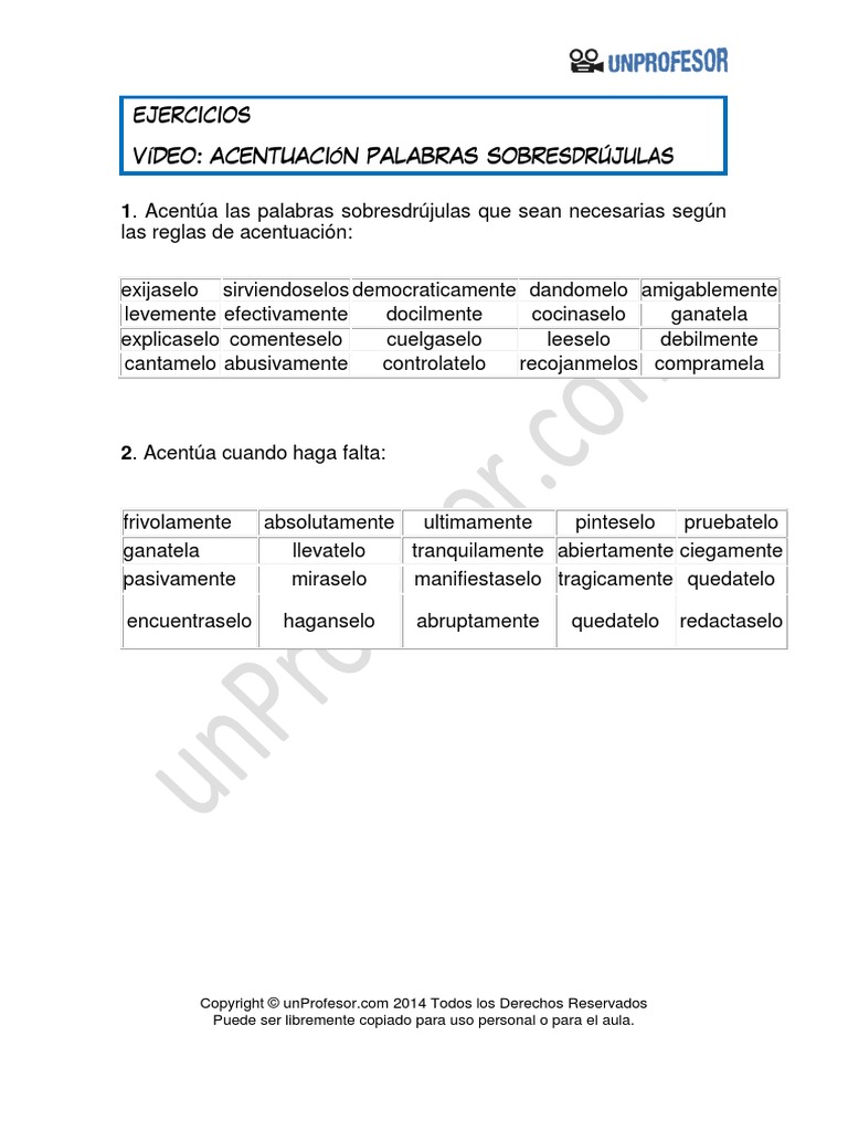 Ejercicio Acentuacion de Las Palabras Sobresdrujulas 69 PDF | PDF | Ley ...
