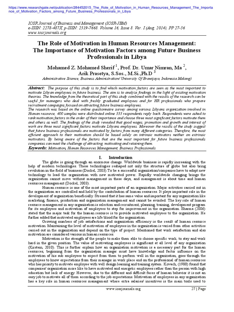 The Role of Motivation in Human Resources Management | PDF | Motivation ...